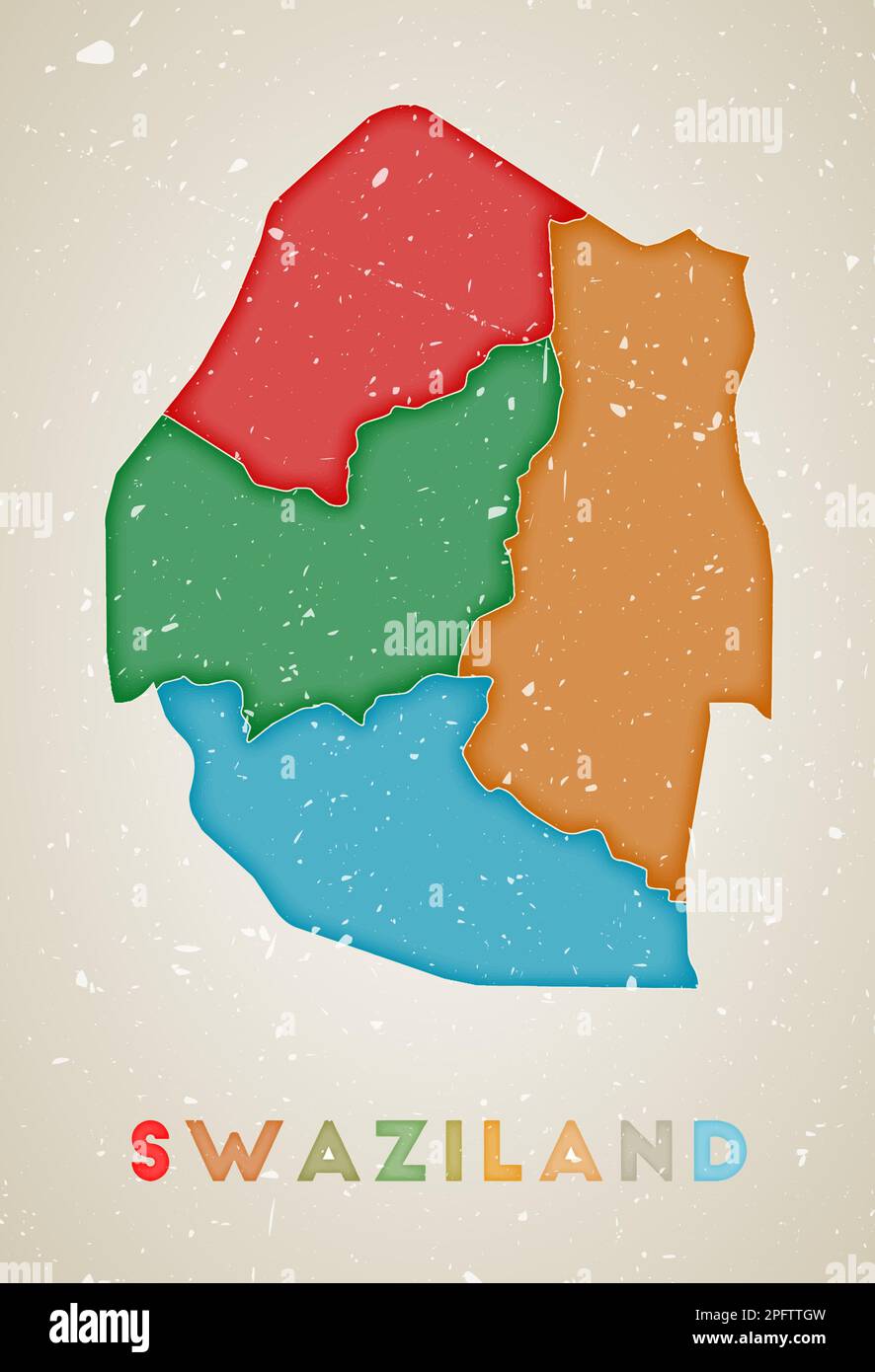 Swaziland map. Country poster with colored regions. Old grunge texture ...