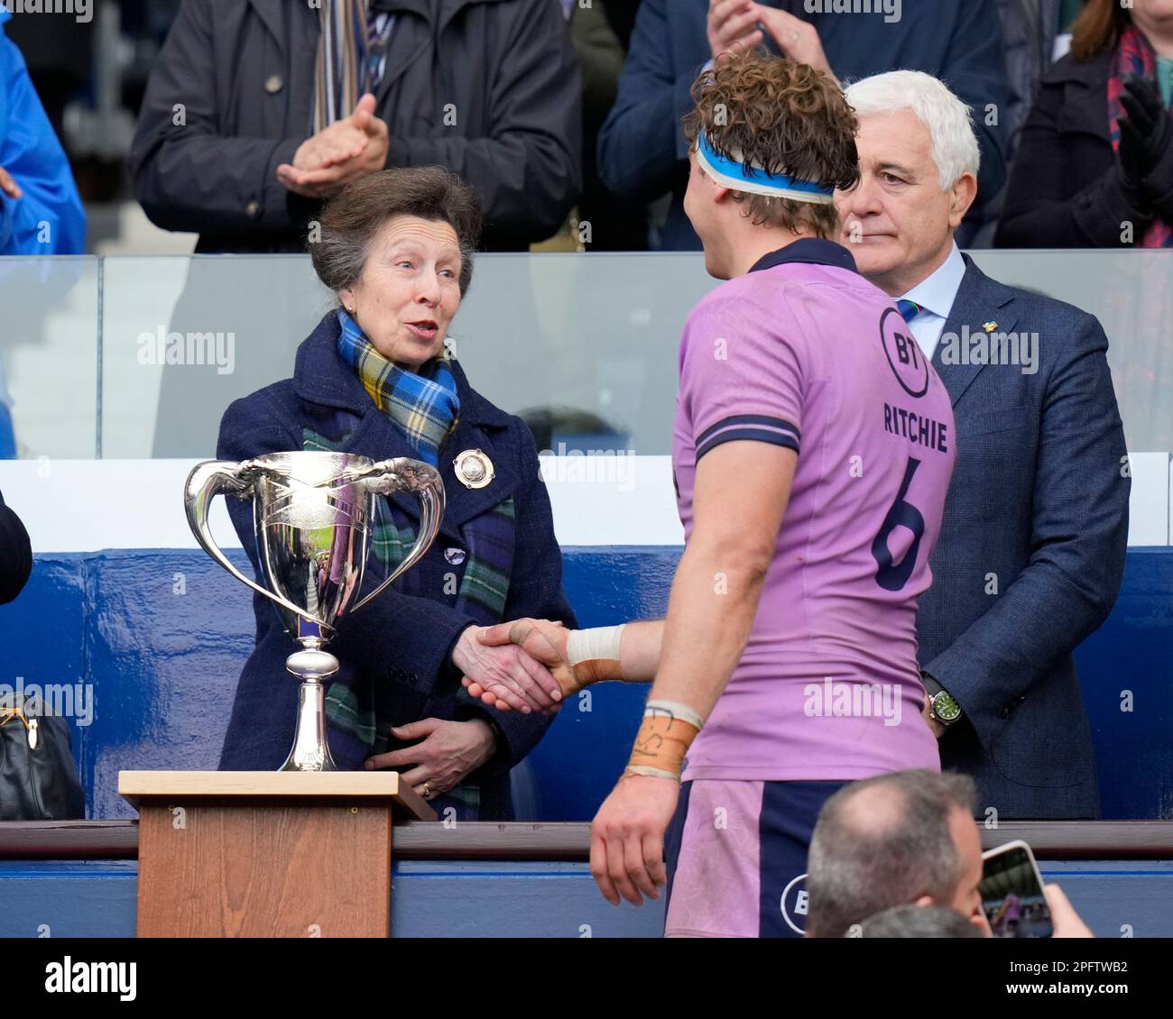 HRH Anne, the Princess Royal shakes hands with Jamie Ritchie #6 captain ...