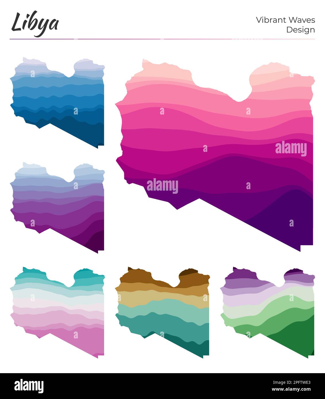 Set of vector maps of Libya. Vibrant waves design. Bright map of country in geometric smooth ...