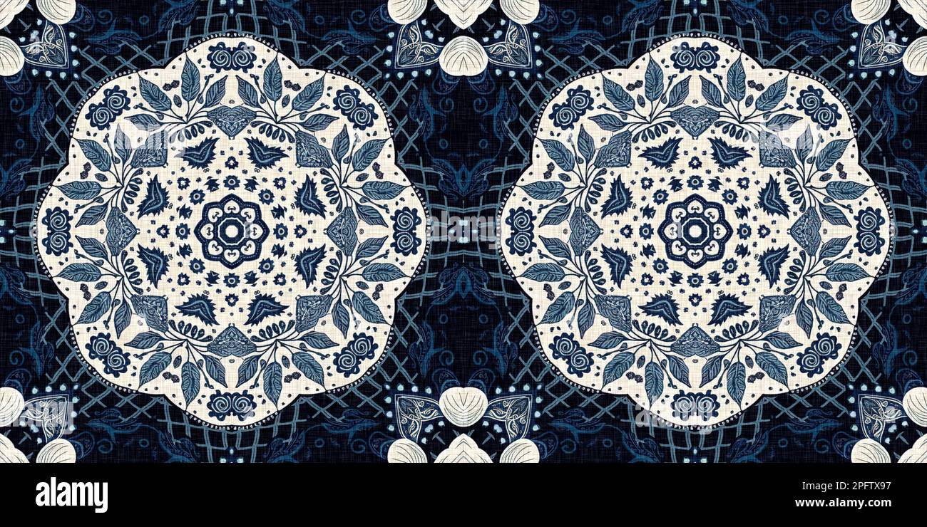 Retro indigo floral bandana 2 tone patterned fabric border background ...