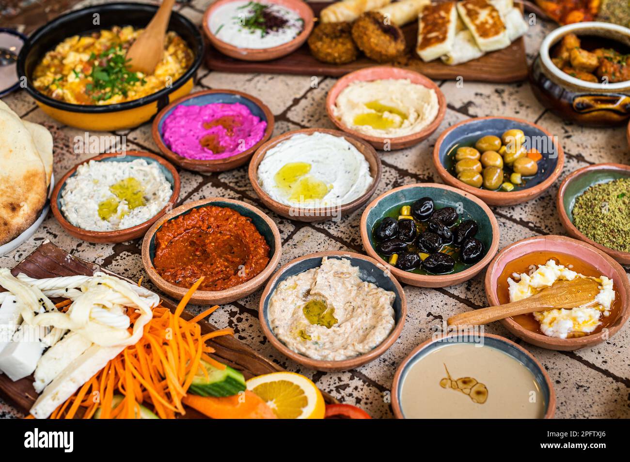 Traditional Turkish Village Breakfast on the ceramic table with ...
