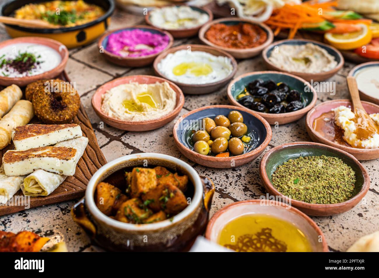 Turkish Village breakfast table served in a restaurant. Top view Stock ...