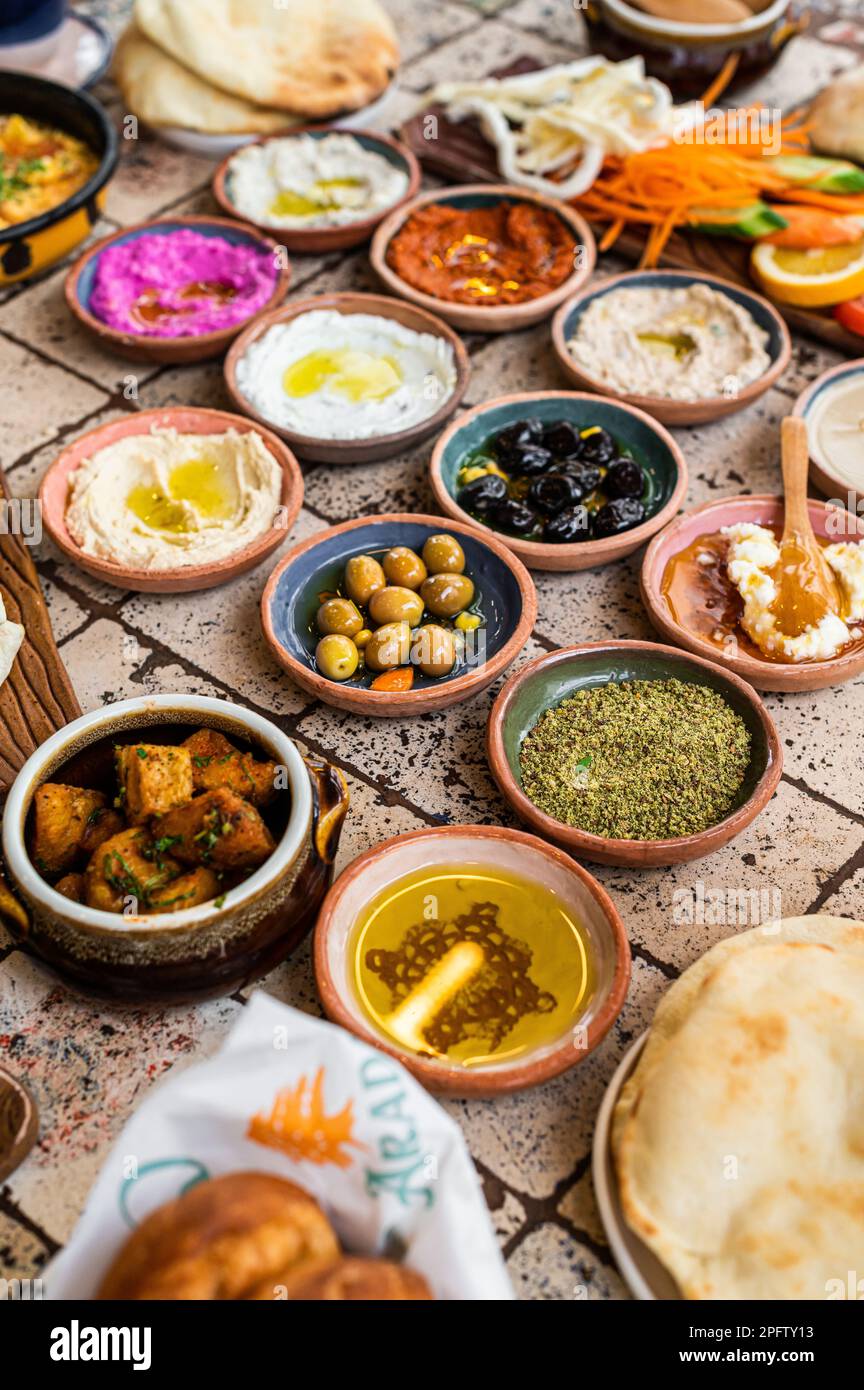 Traditional Turkish Village Breakfast on the ceramic table with ...