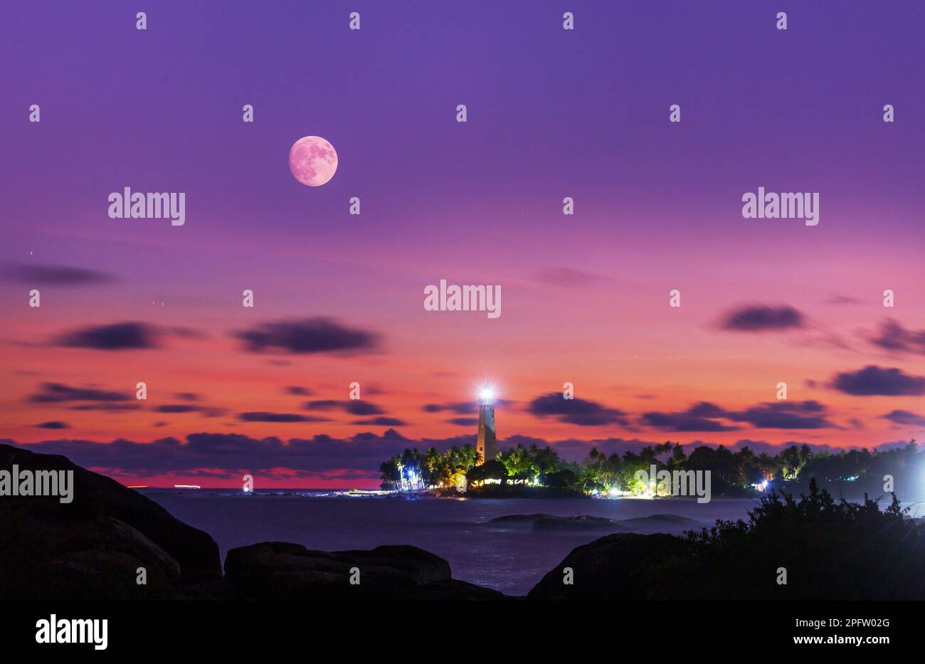 View of lighthouse Dondra and lights at sunset Matara, Sri Lanka Stock ...