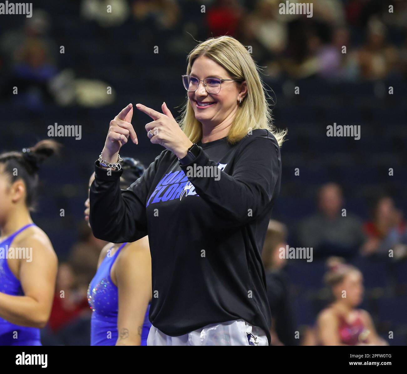 March 18, 2023: Florida gymnastics head coach Jenny Rowland gives her ...