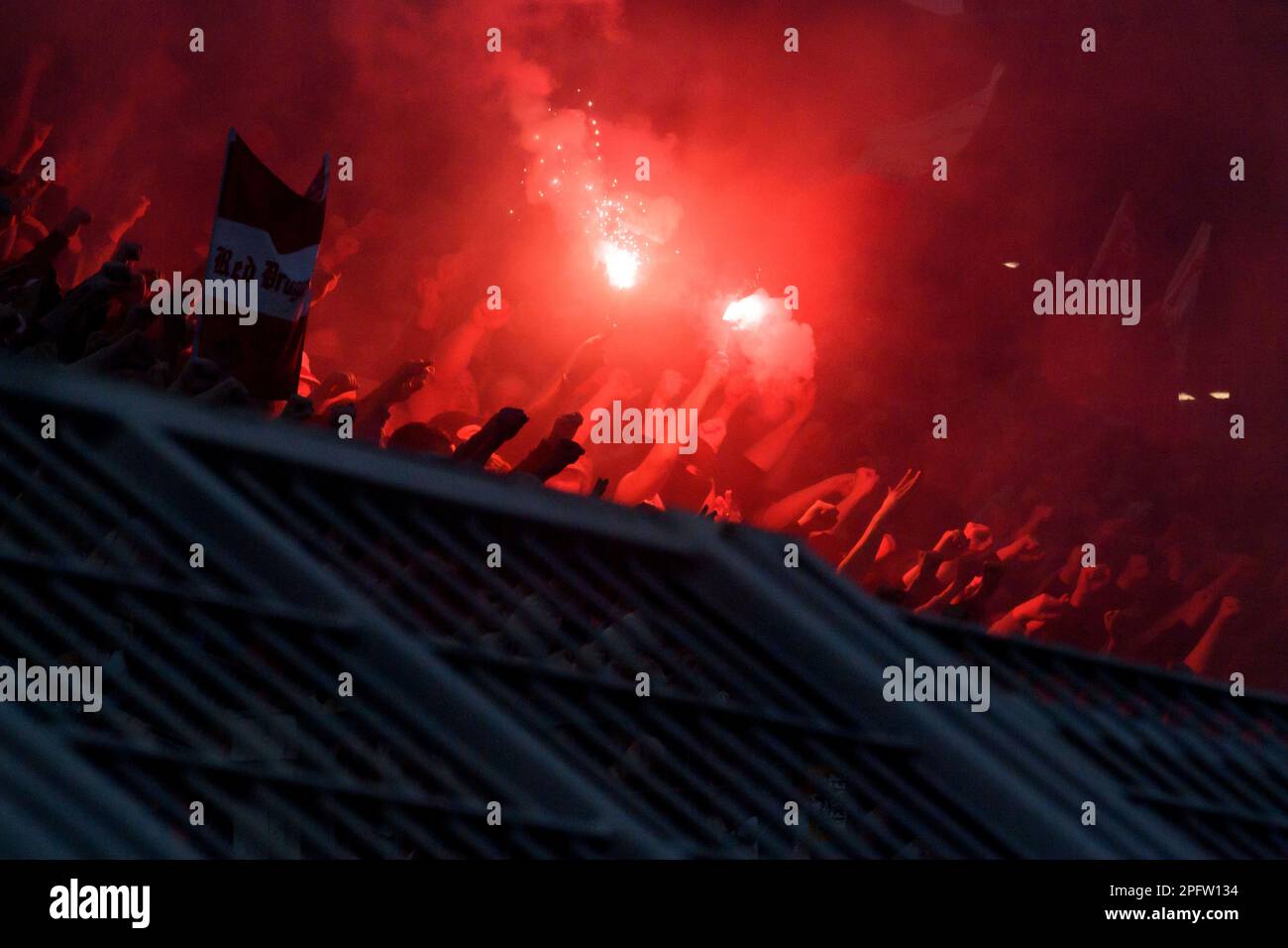 Germany. 18th Mar, 2023. Cologne fans ignite fireworks, pyrotechnics ...