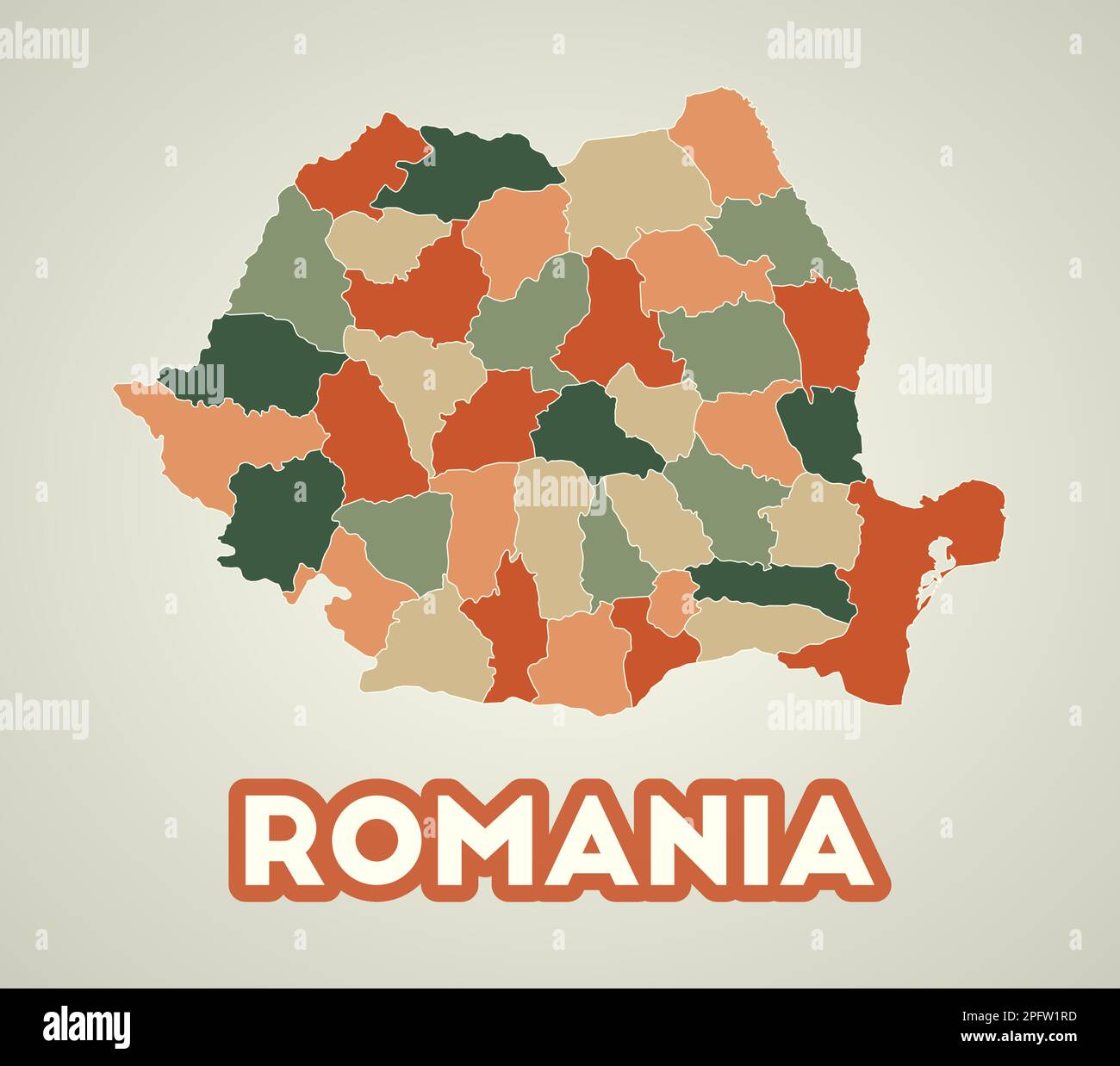 Romania poster in retro style. Map of the country with regions in ...
