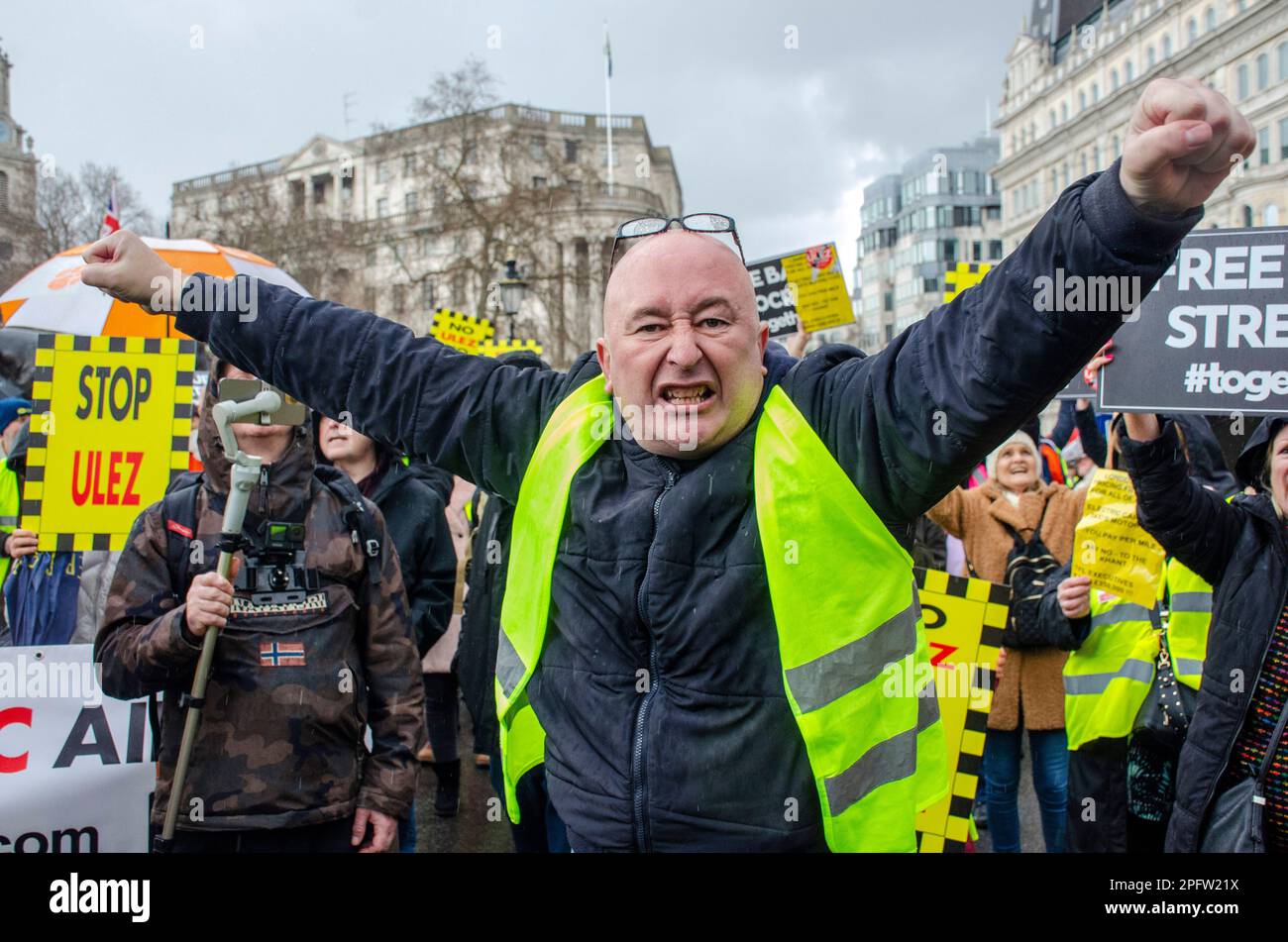 London, UK. 18th Mar, 2023. Anti-ULEZ expansion protest takes place in ...