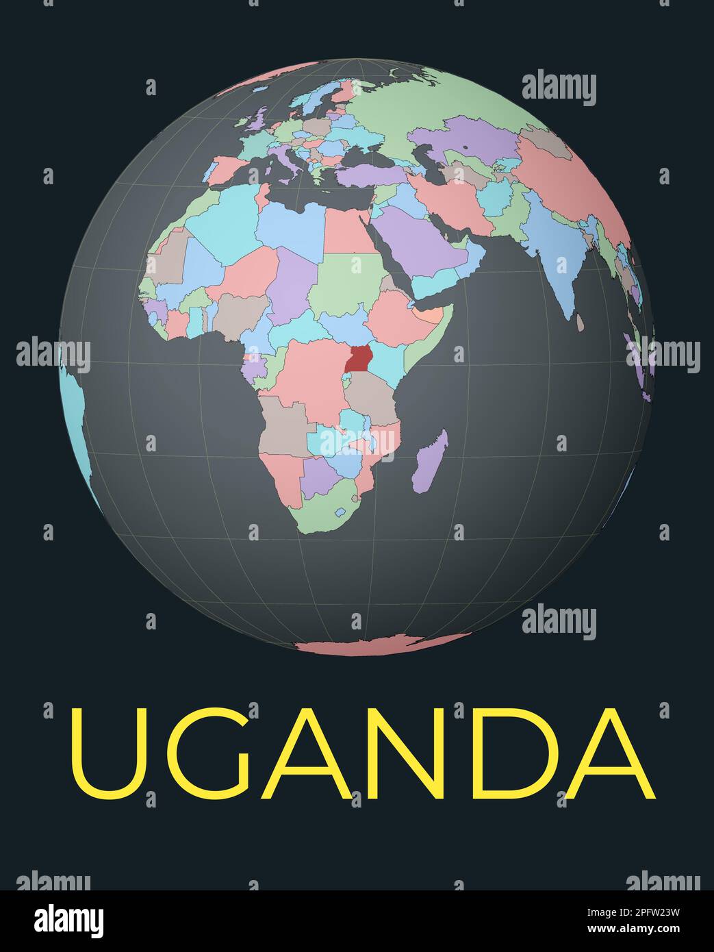 World map centered on Uganda. Red country highlighted. Satellite world view centered on the ...