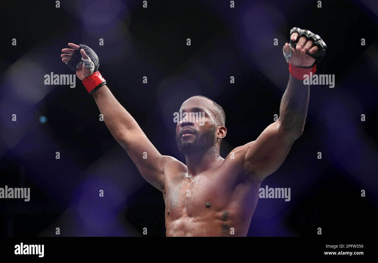 Leon Edwards celebrates victory after the welterweight title bout ...