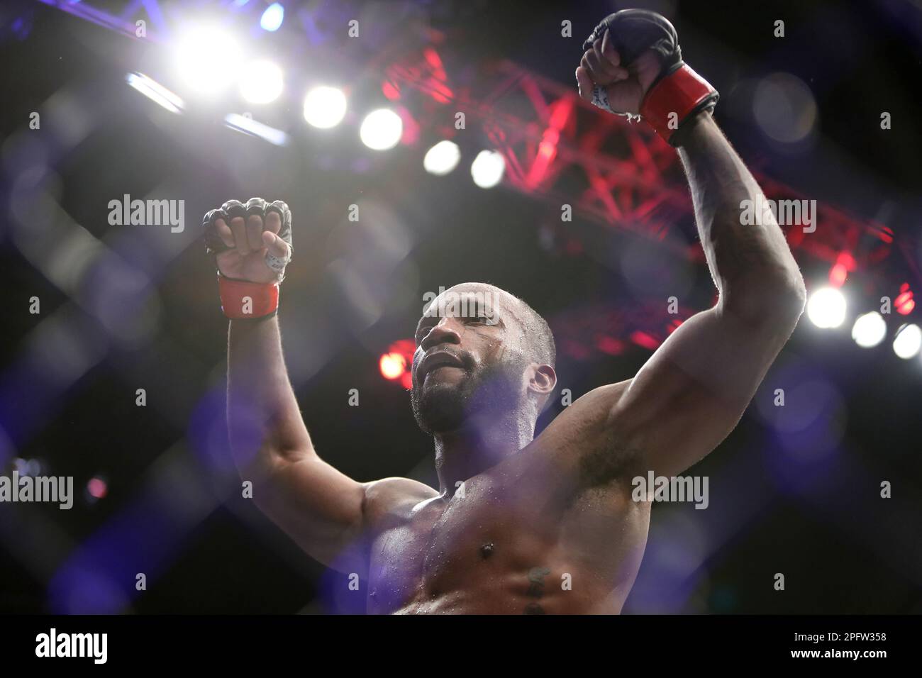 Leon Edwards celebrates victory after the welterweight title bout ...