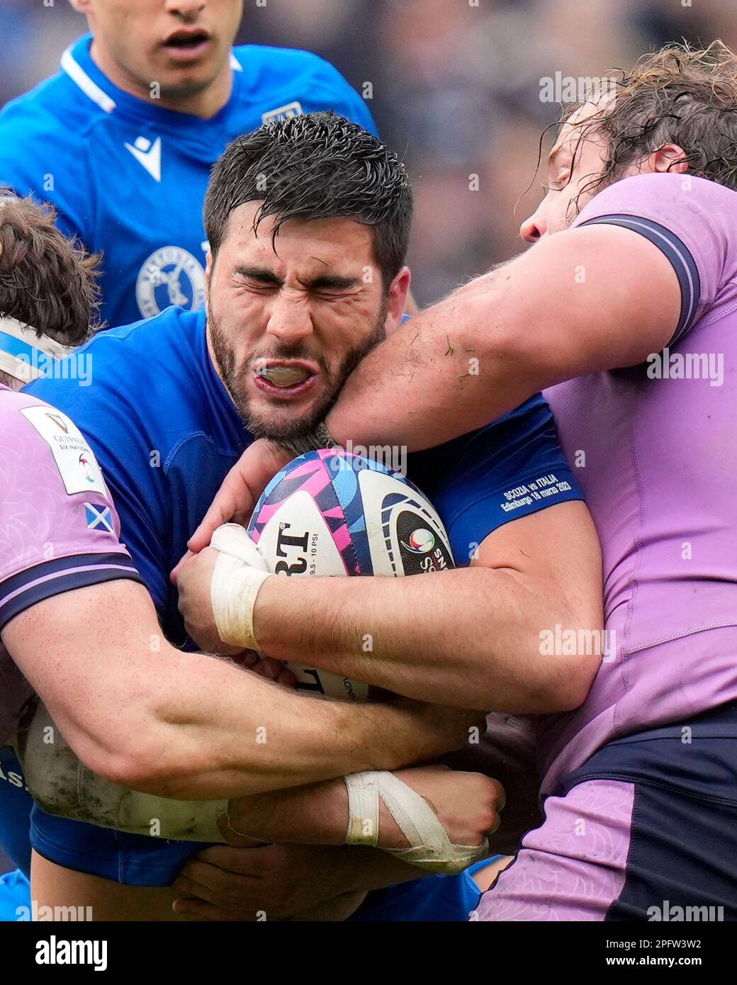 Edoardo Iachizzi #4 of Italy is tackled during the 2023 Guinness 6 ...