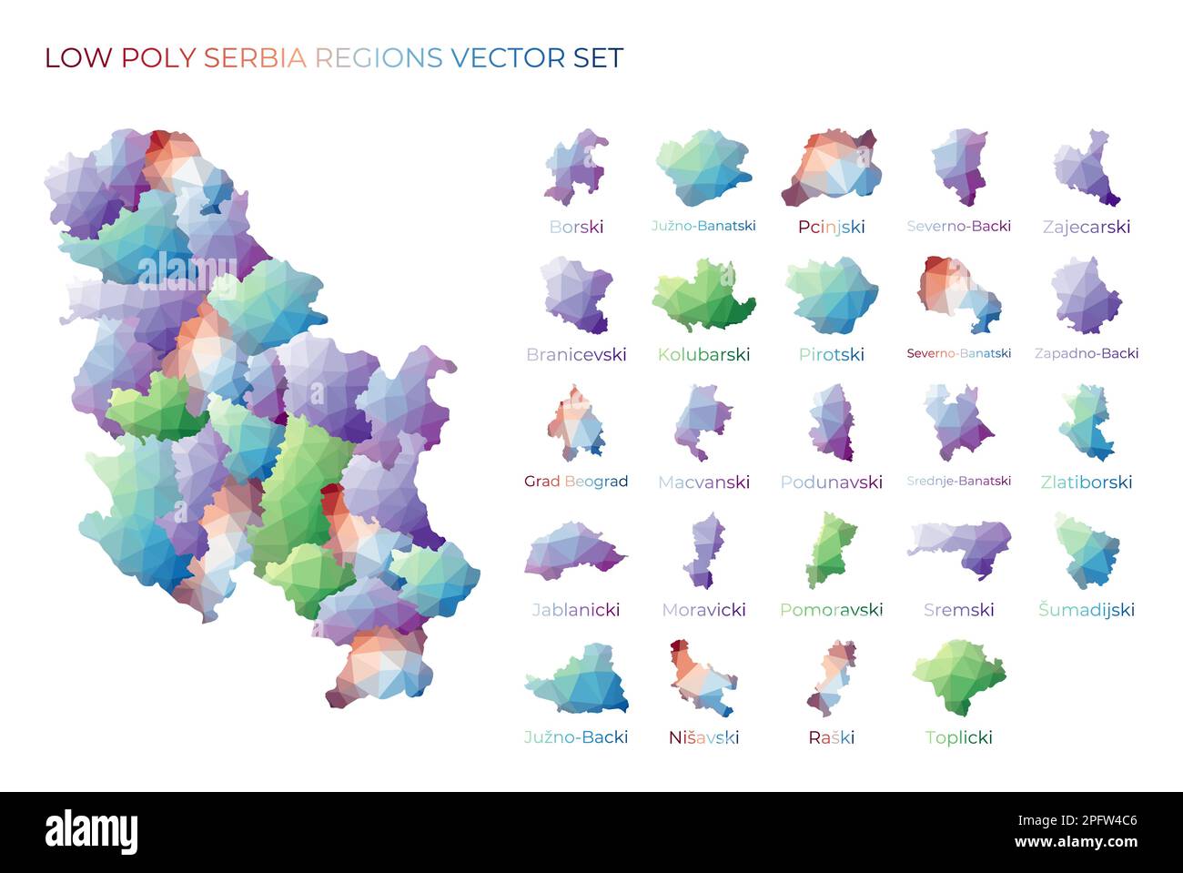 Serbian low poly regions. Polygonal map of Serbia with regions ...