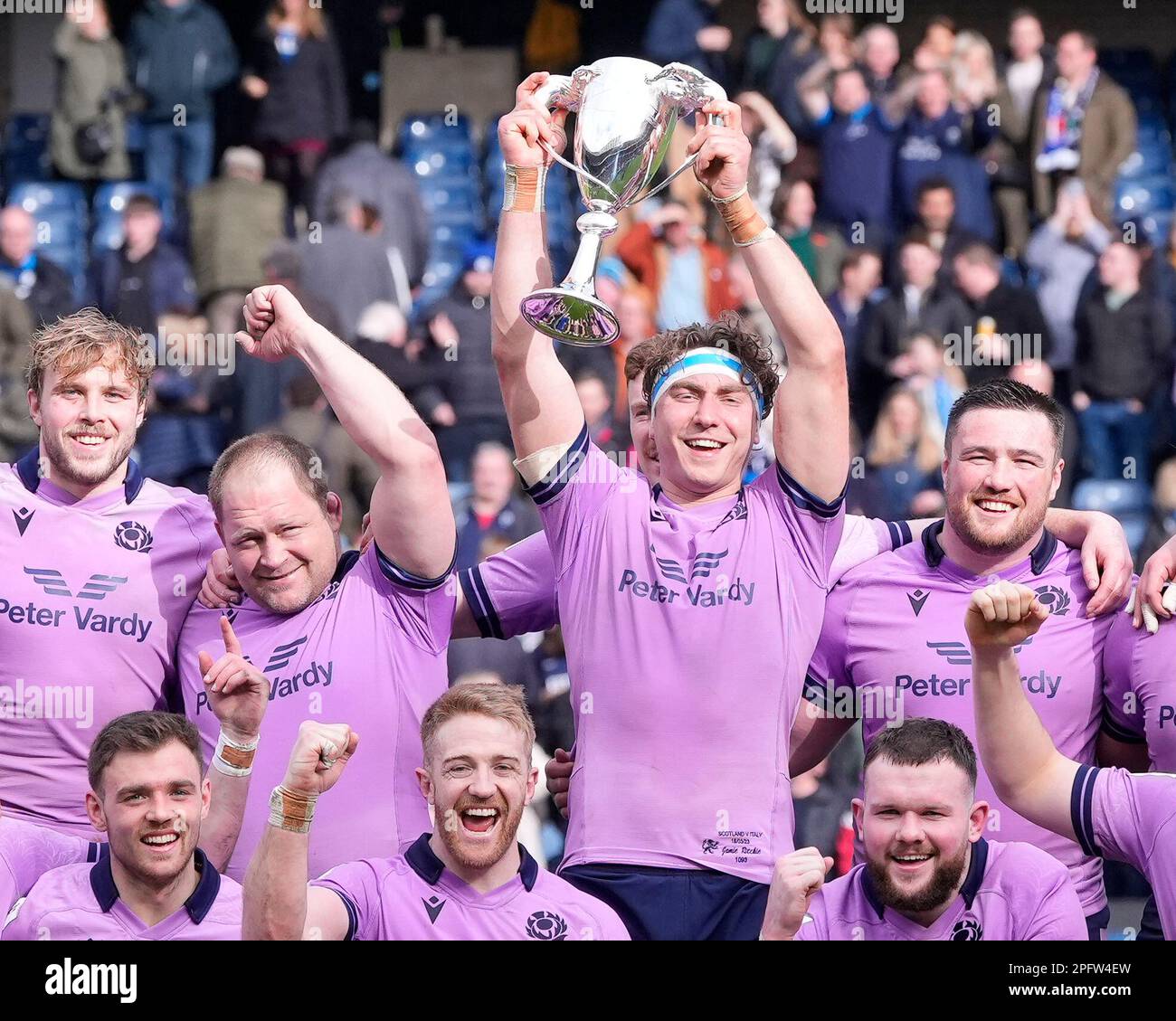 Jamie Ritchie #6 of Scotland lifts the Massimo Cuttitta Cup after the ...