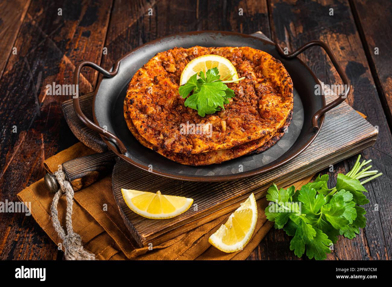 Traditional delicious Turkish foods lahmacun with mince lamb meat in ...