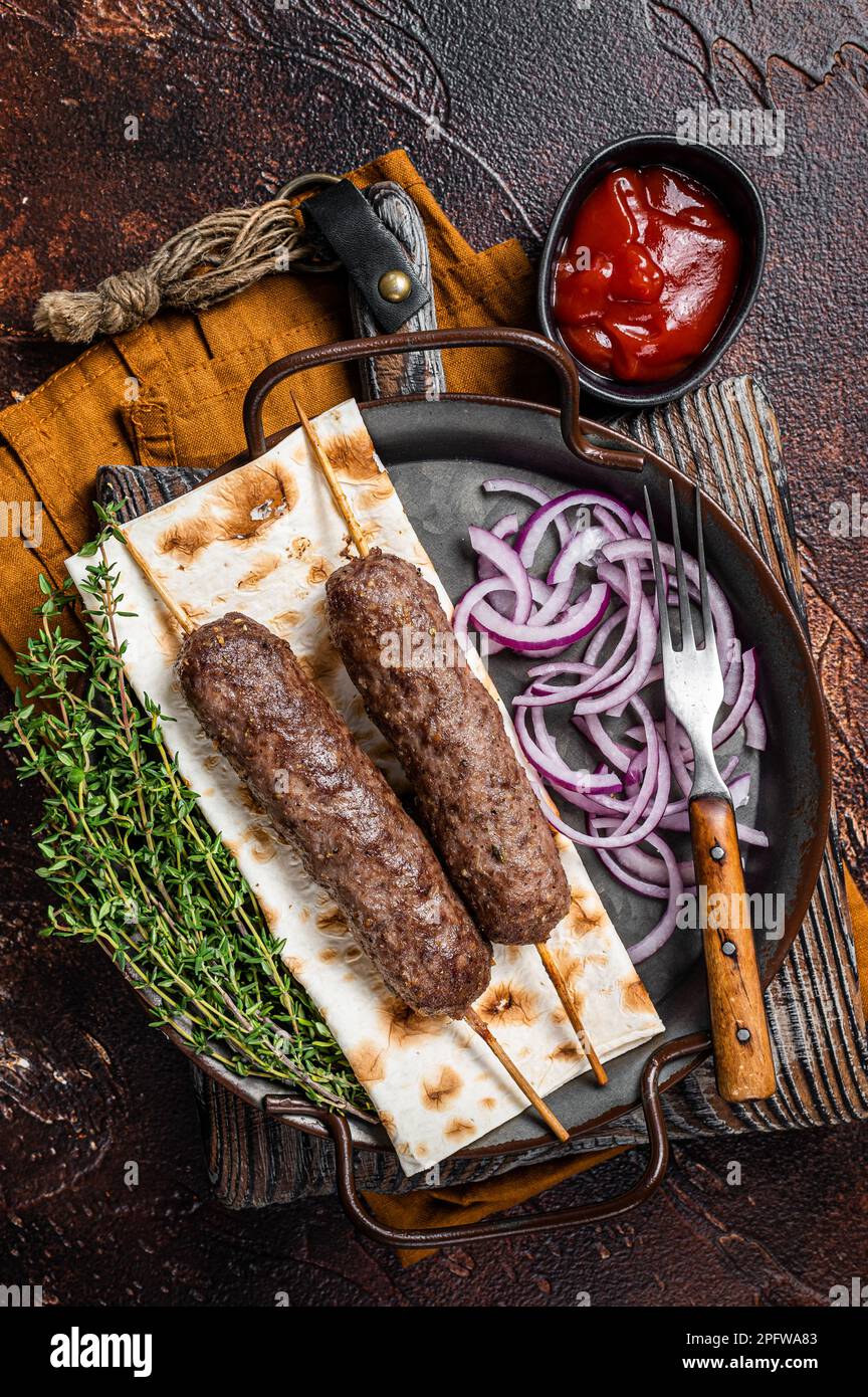 Turkish Adana Kebab from mince lamb beef meat on Skewer with flatbread ...