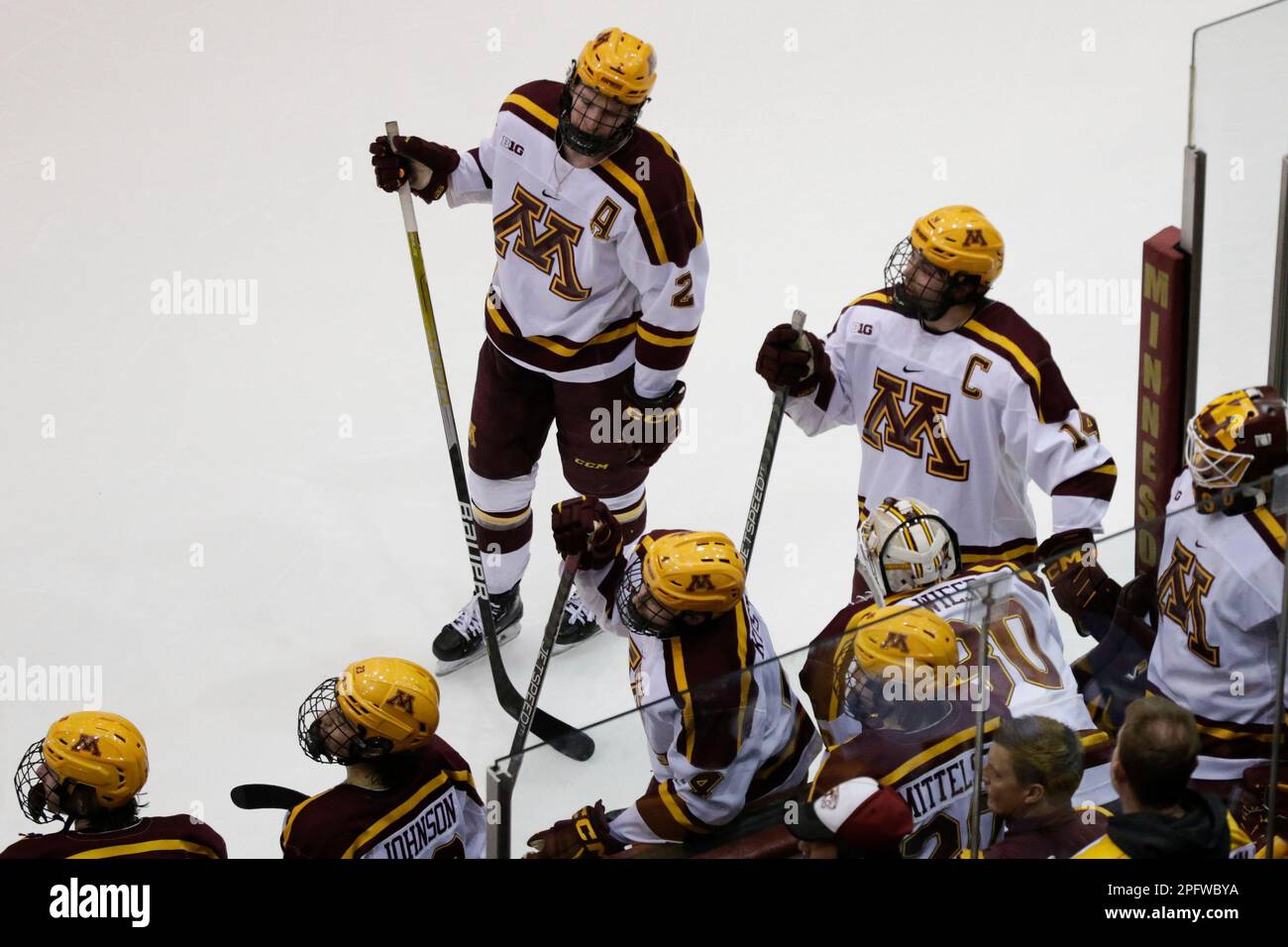 Minnesota players, including Brock Faber (14) and Jackson LaCombe (2 ...