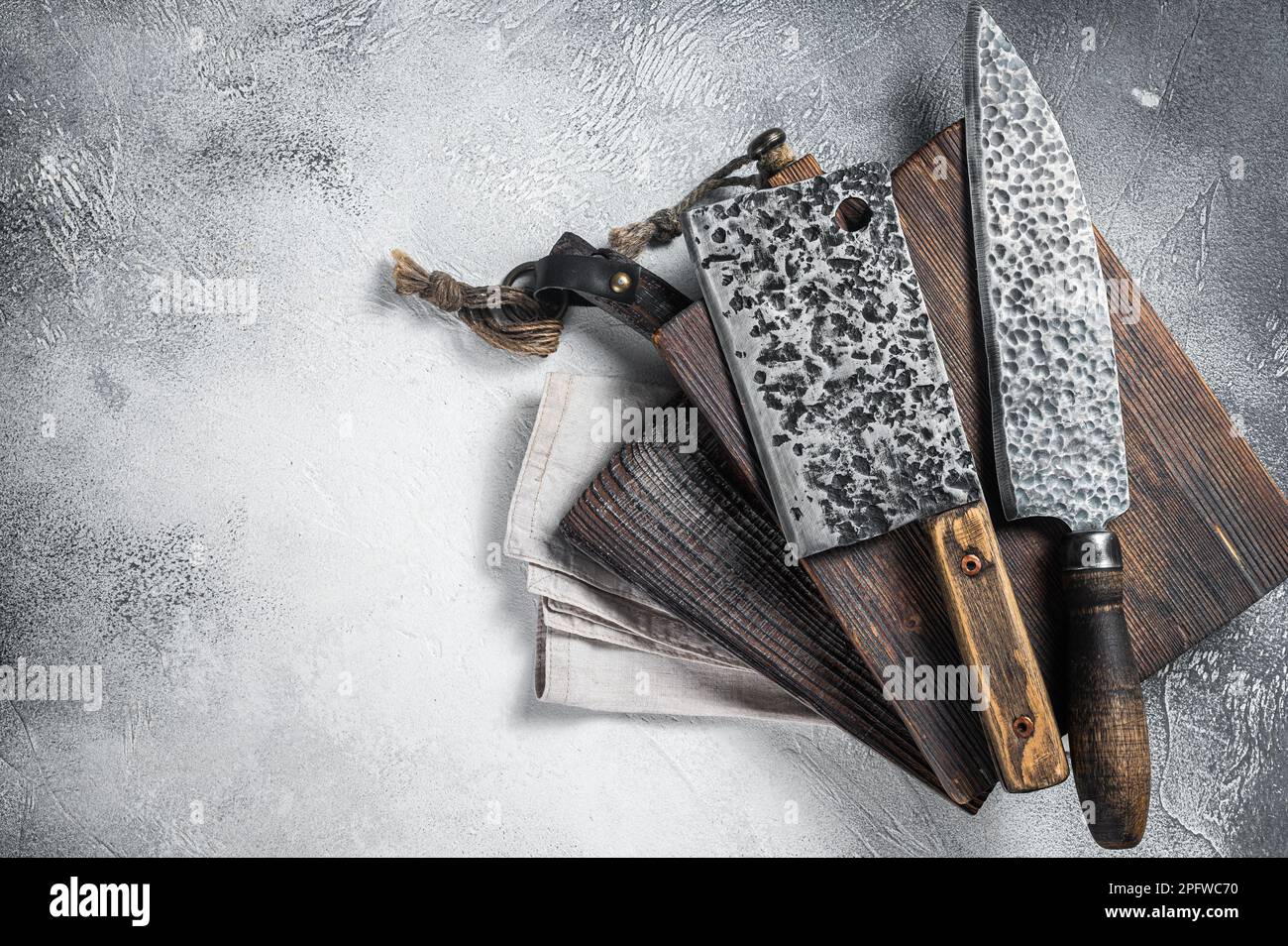 Hatchets for meat, Vintage butcher meat cleaver with cloth towel on ...