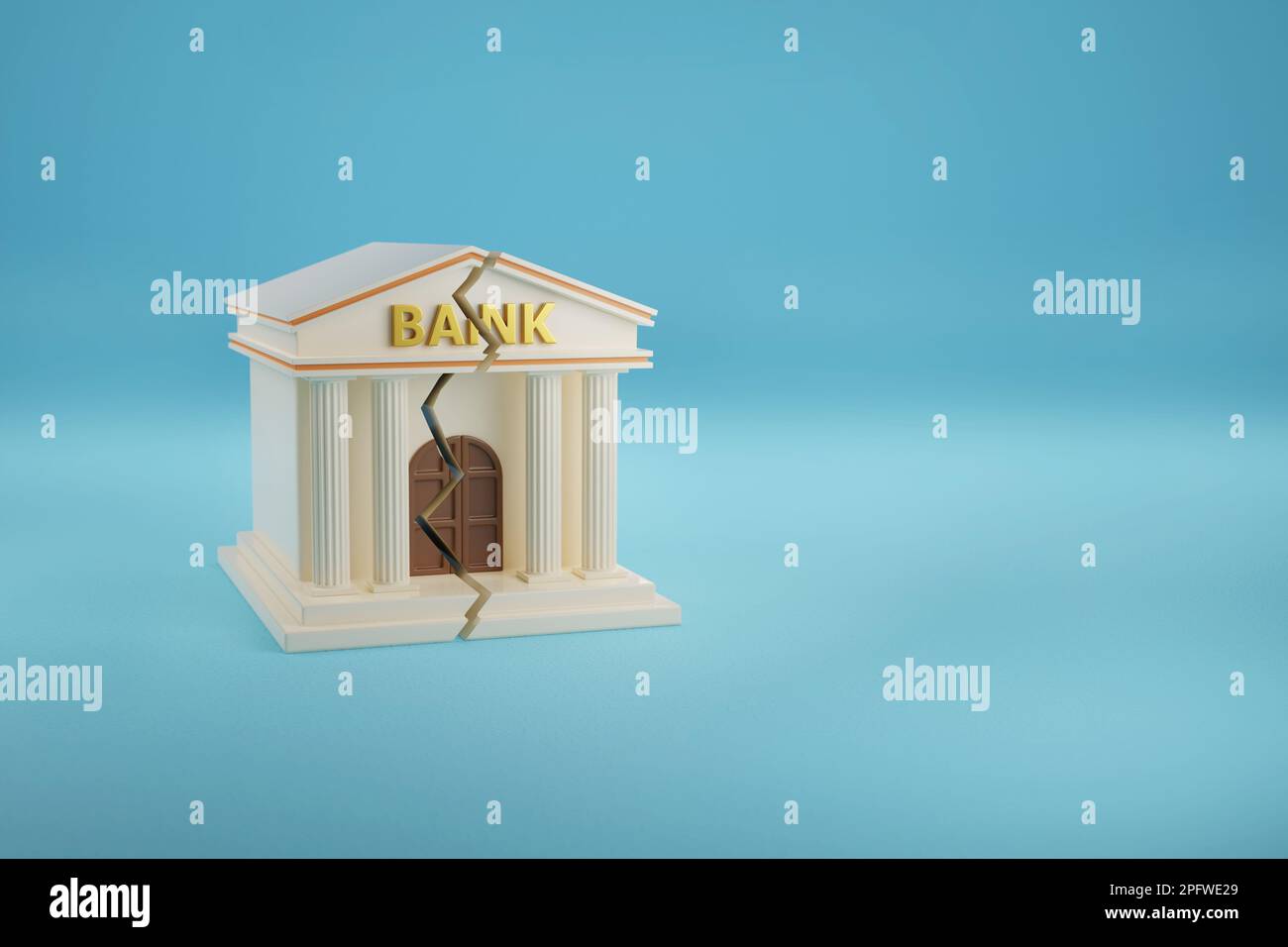 Bank building breaking down on blue background with copy space. 3d ...