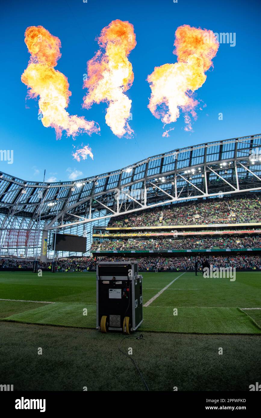 Dublin, Ireland. 19th Mar, 2023. Pyrotechnics in the stadium during the ...
