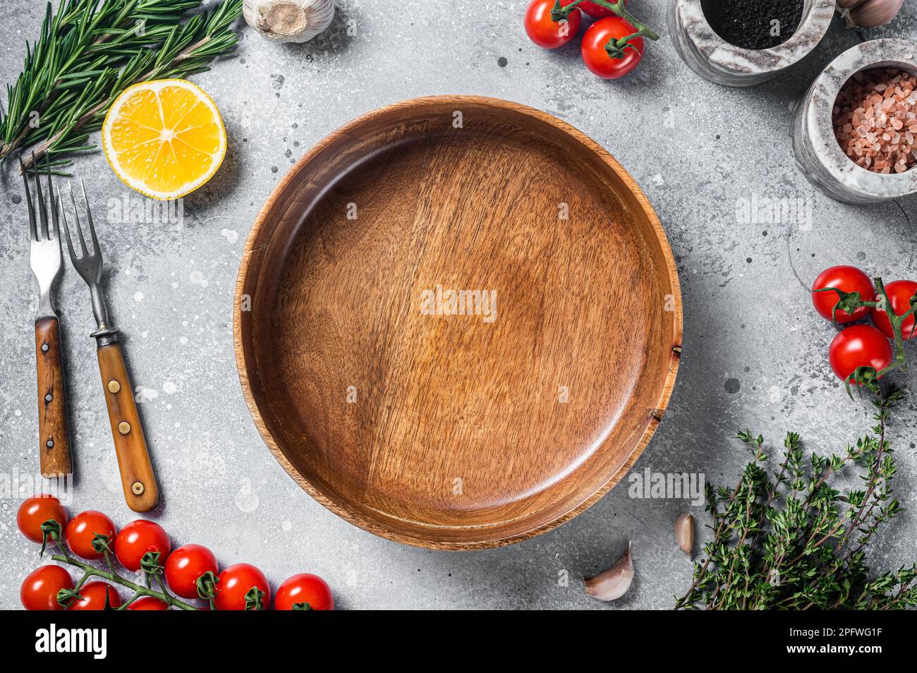 Food cooking and healthy eating background with empty rustic plate and ...