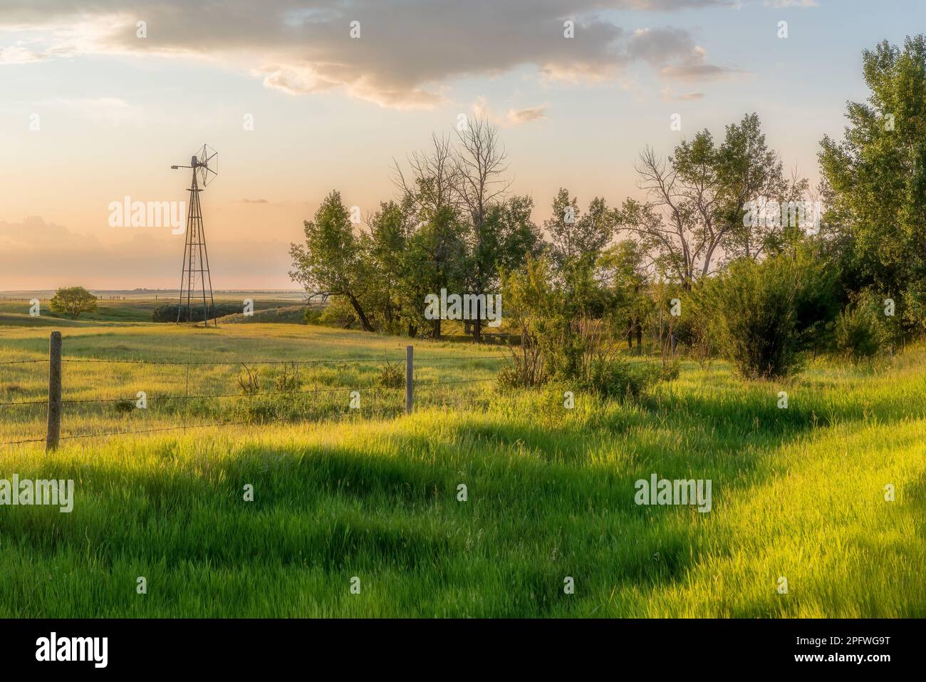 An old windmill in a pasture at sunset with trees and a fence line in ...