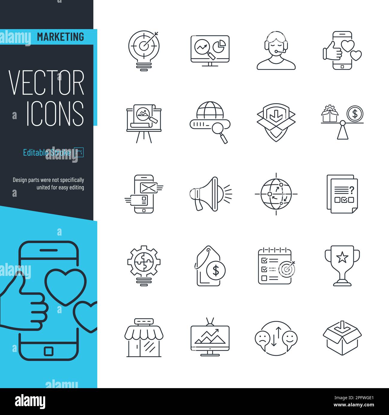 Commonly used business marketing simple line symbols on white ...