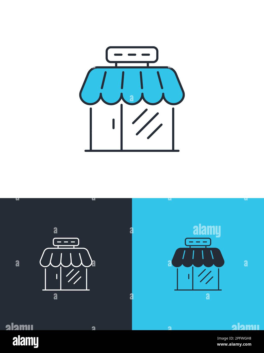 Retail store with signboard. Shop front view. Vector icons on 3 ...