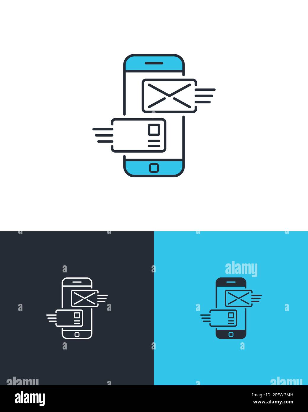 Emails or messages on the smartphone. Mobile phone icons with envelope email symbol on 3 ...