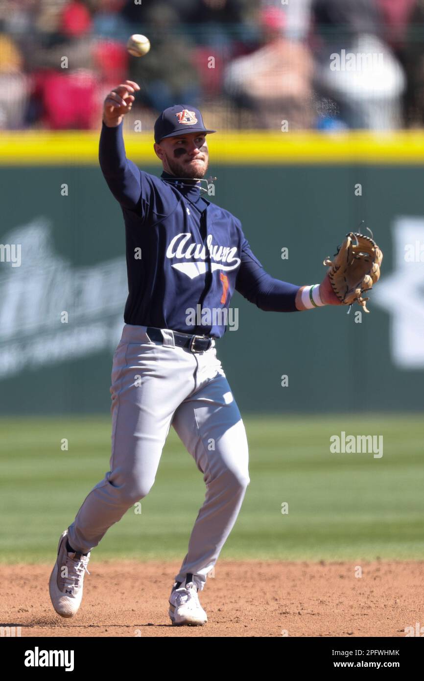 March 18, 2023: Cole Foster #7 Auburn infielder makes a throw across ...