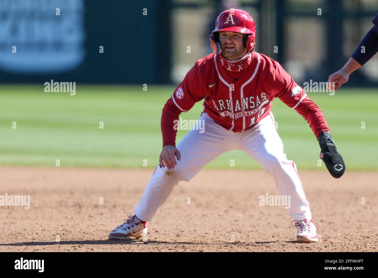 His Lead From First Base. 18th Mar, 2023. Arkansas base runner Peyton ...