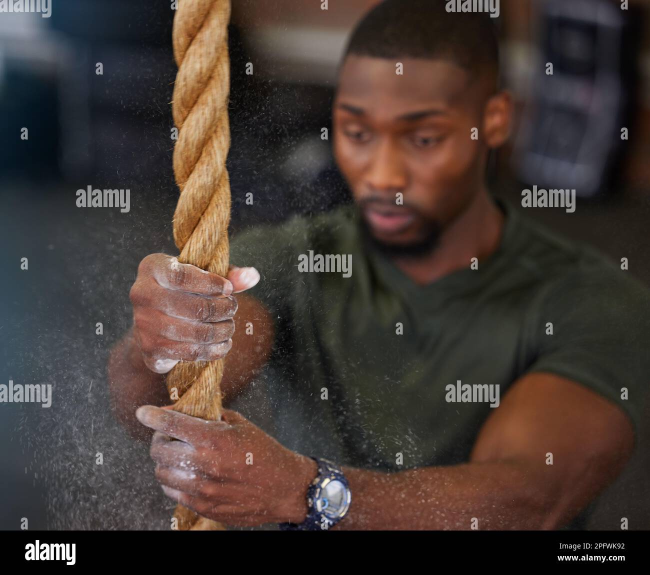 Fitness, rope and black man training, powder and exercise for endurance ...