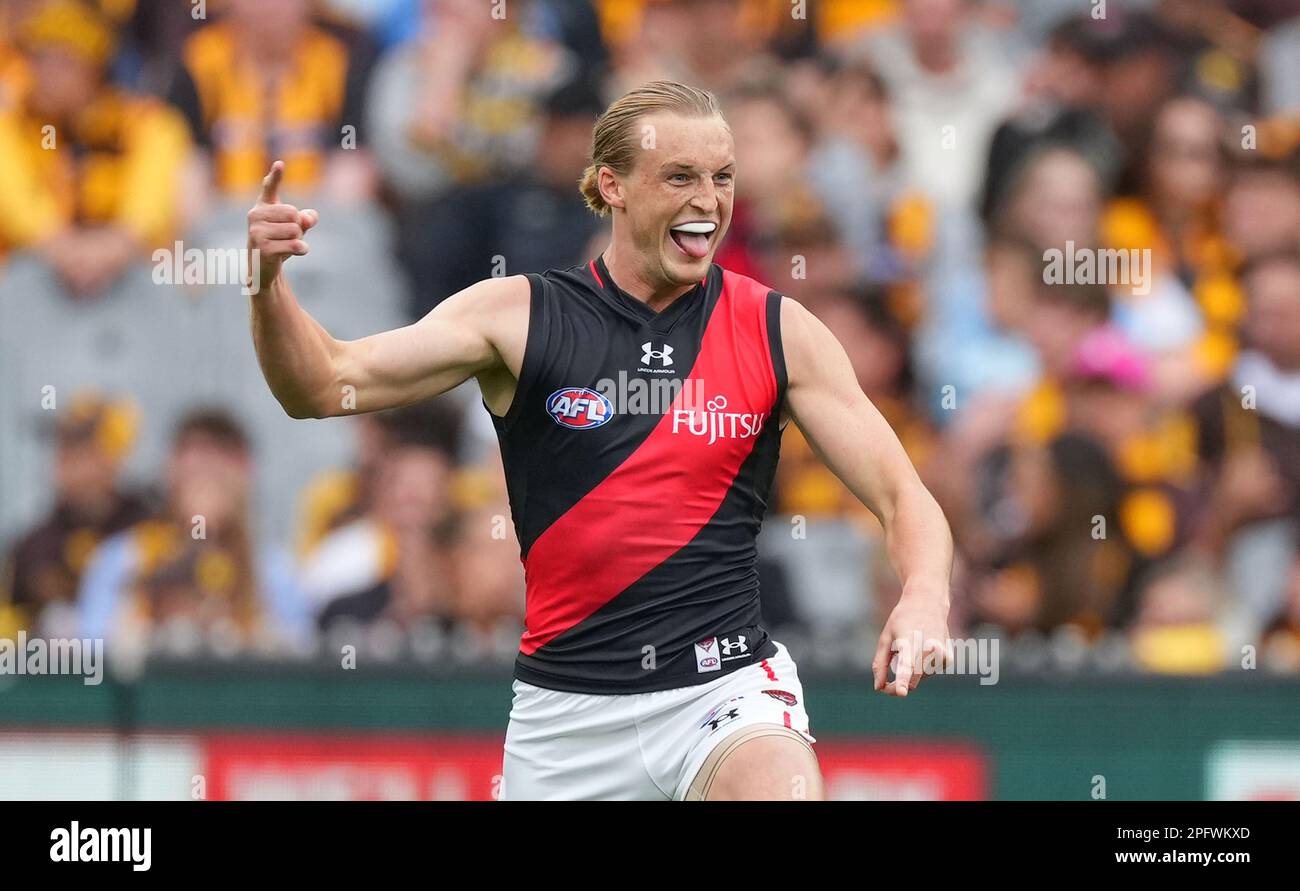 Mason Redman of the Bombers celebrates after kicking a goal during the ...