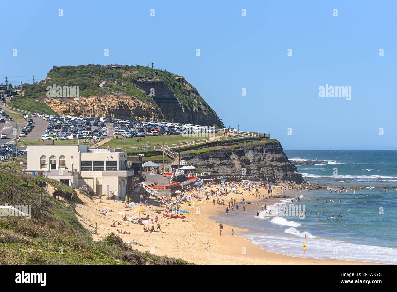 A wide angle view of Bar Beach and its car park in the summer Stock ...