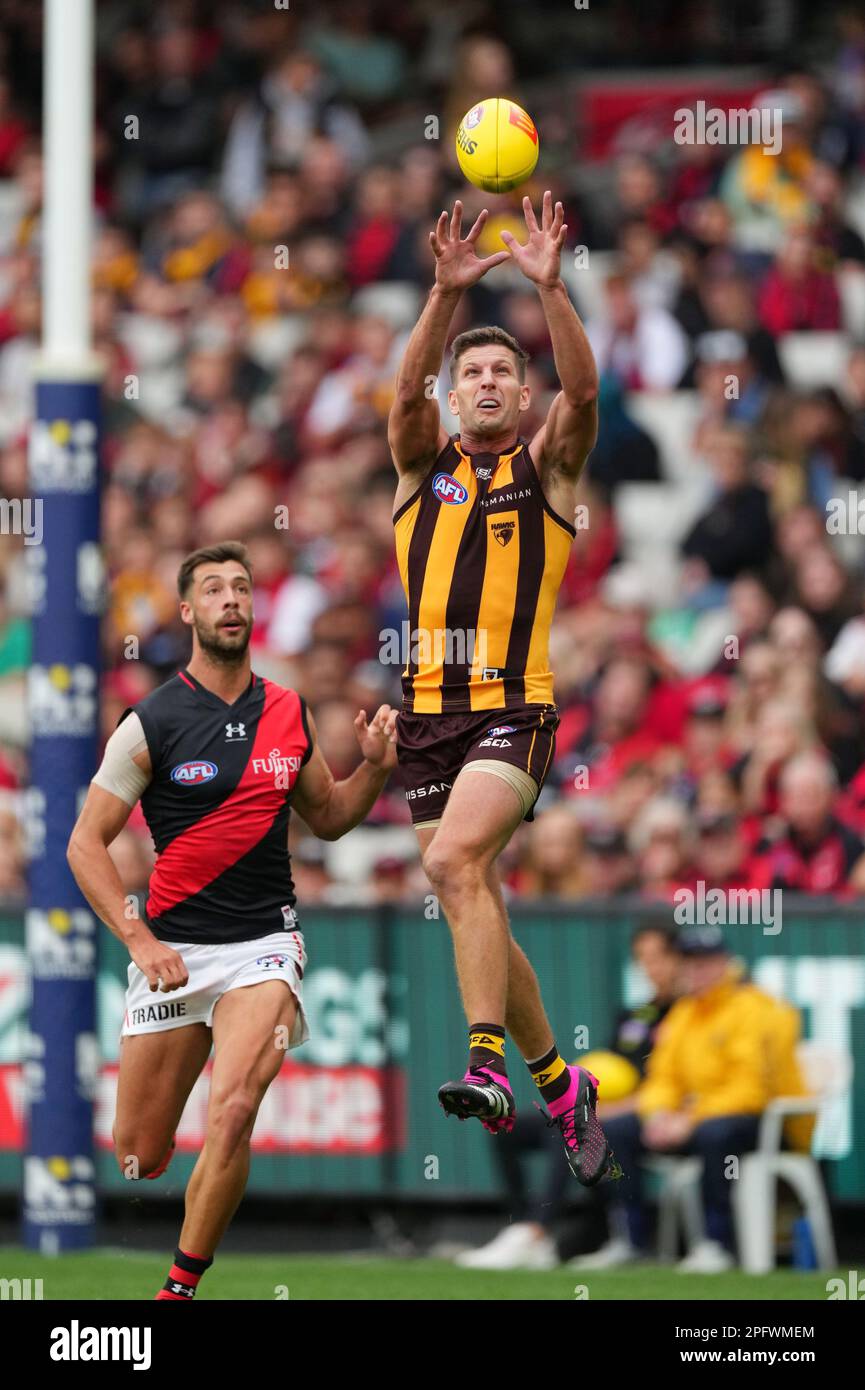 Luke Breust of the Hawks marks the ball during the AFL Round 1 match ...
