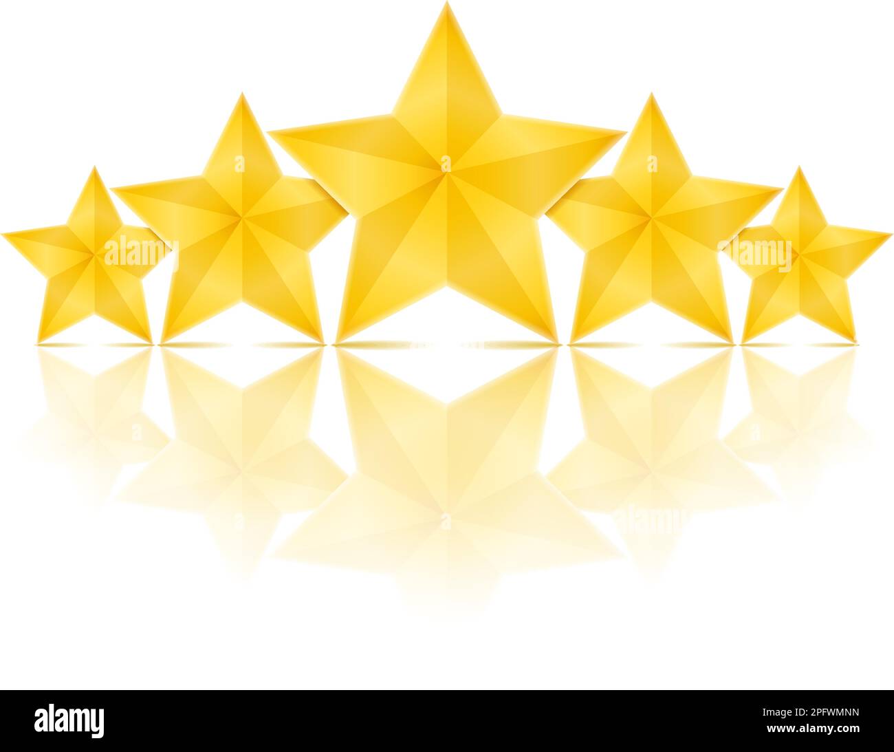 Five golden stars with reflection on white background, vector eps10 ...