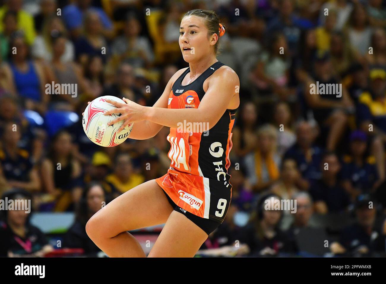 Amy Sligar of the Lightning catches the ball during the Super Netball ...