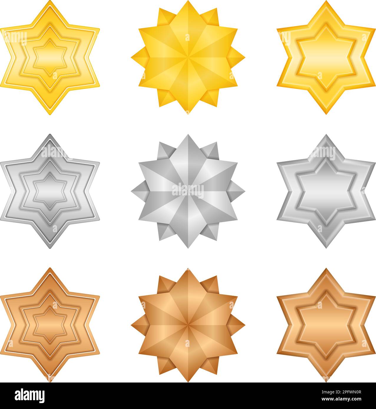 Set of golden, silver and bronze stars on white background, vector ...