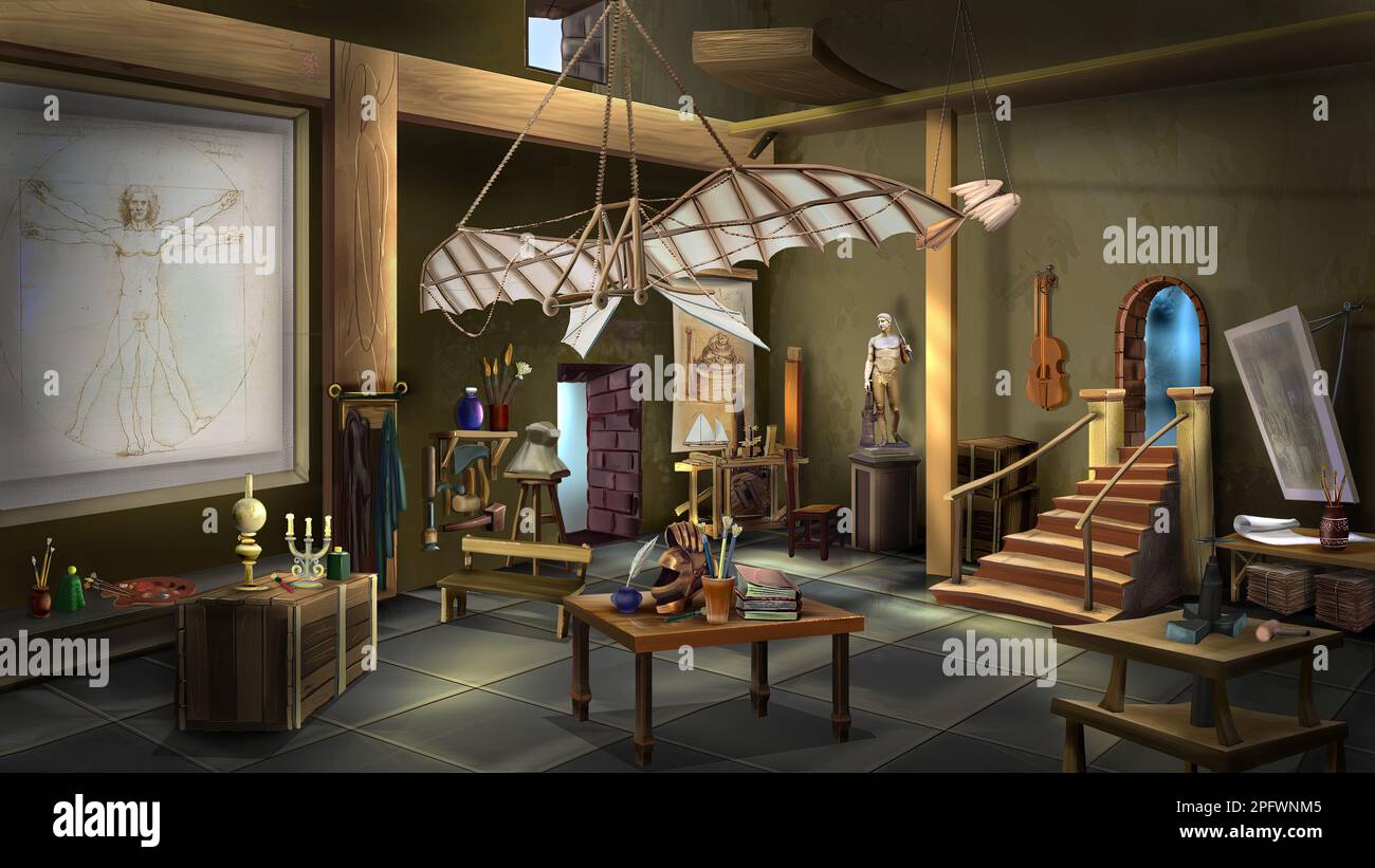 Vintage interior of the Renaissance artist studio. Digital Painting ...
