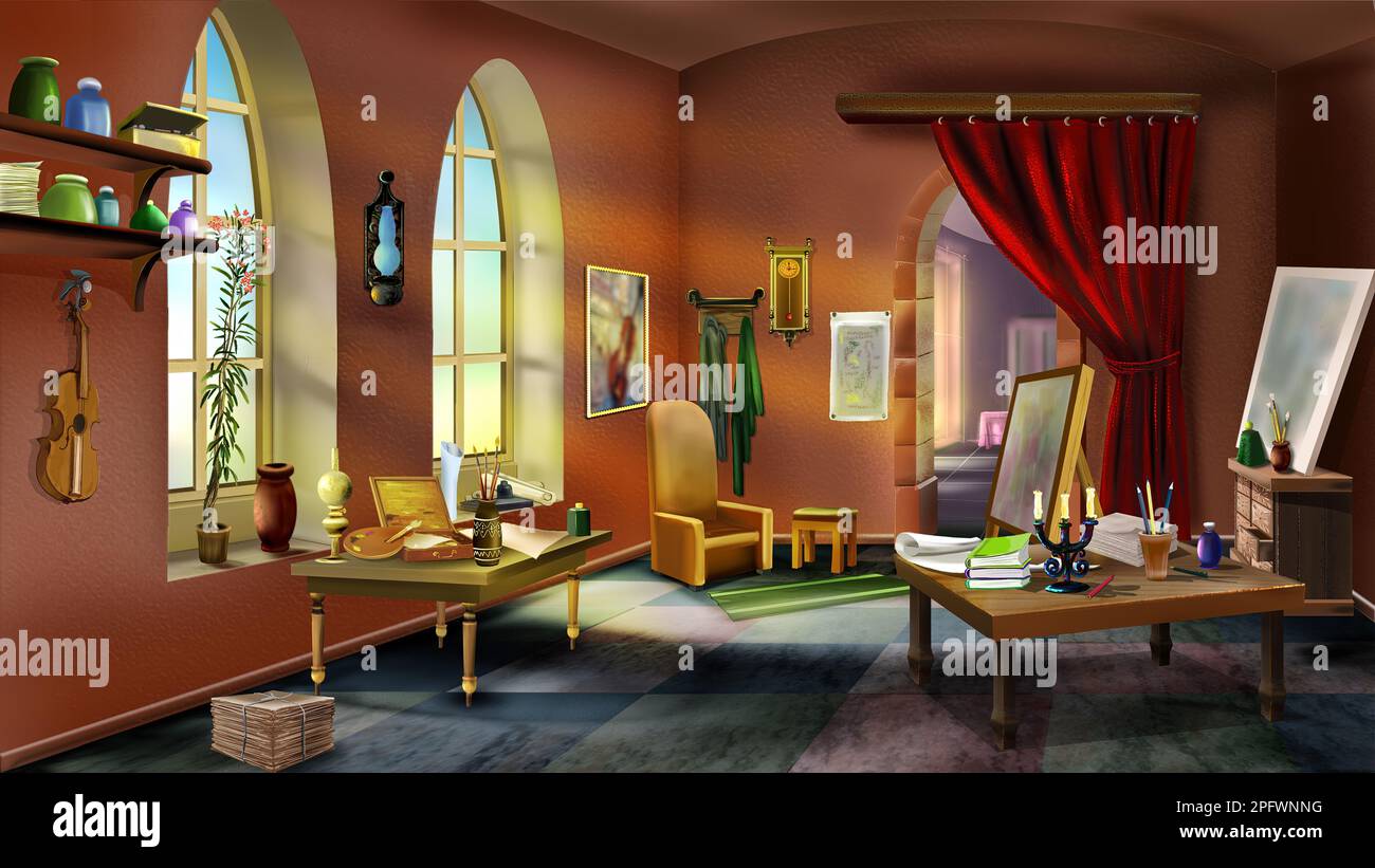 Vintage interior of the Renaissance artist studio. Digital Painting ...