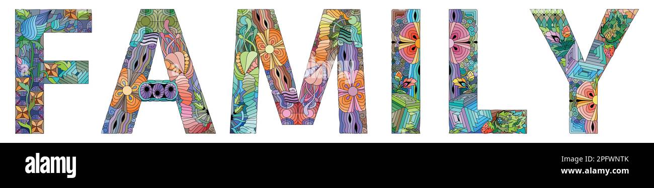 Hand-painted art design. Hand drawn illustration word FAMILY for t ...