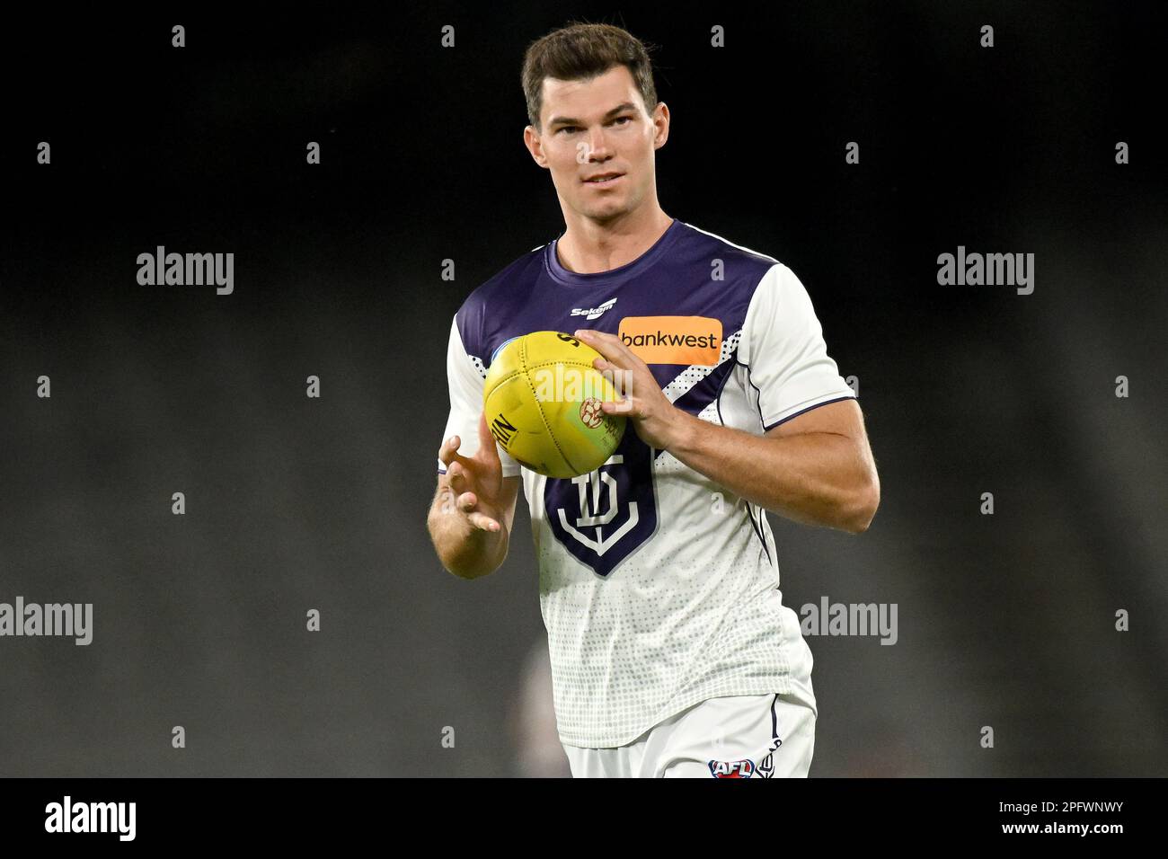 Jaeger O’Meara of the Dockers warms up during the AFL Round 1 match ...