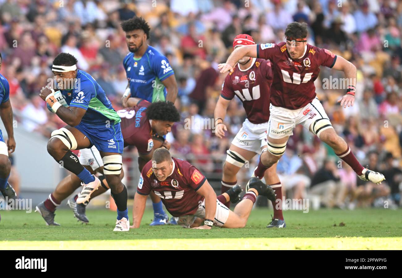 Ratu Meli Derenalagi (left) of the Fijian Drua makes a break during the ...