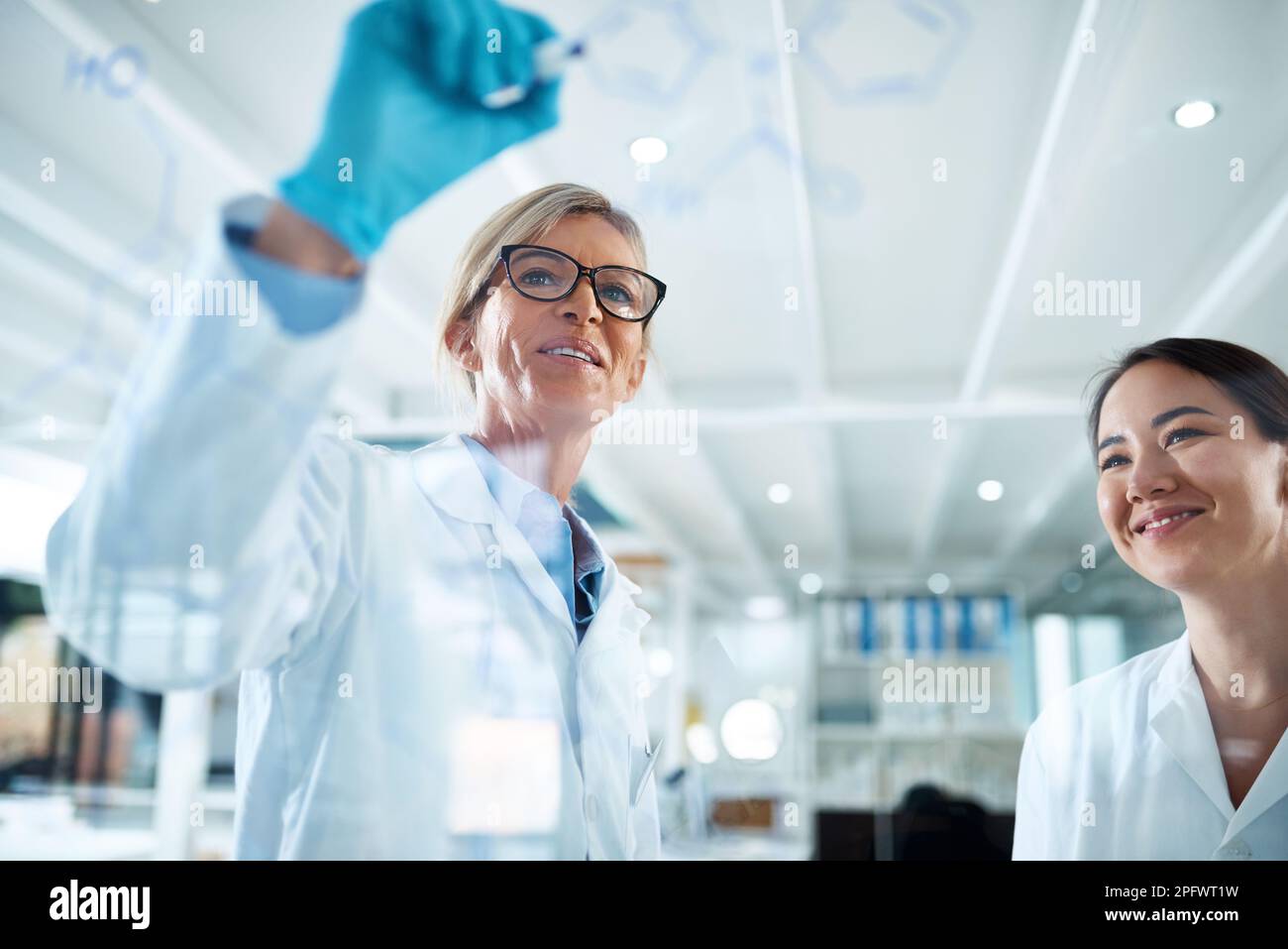 Science can be exciting too. two scientists drawing molecular ...