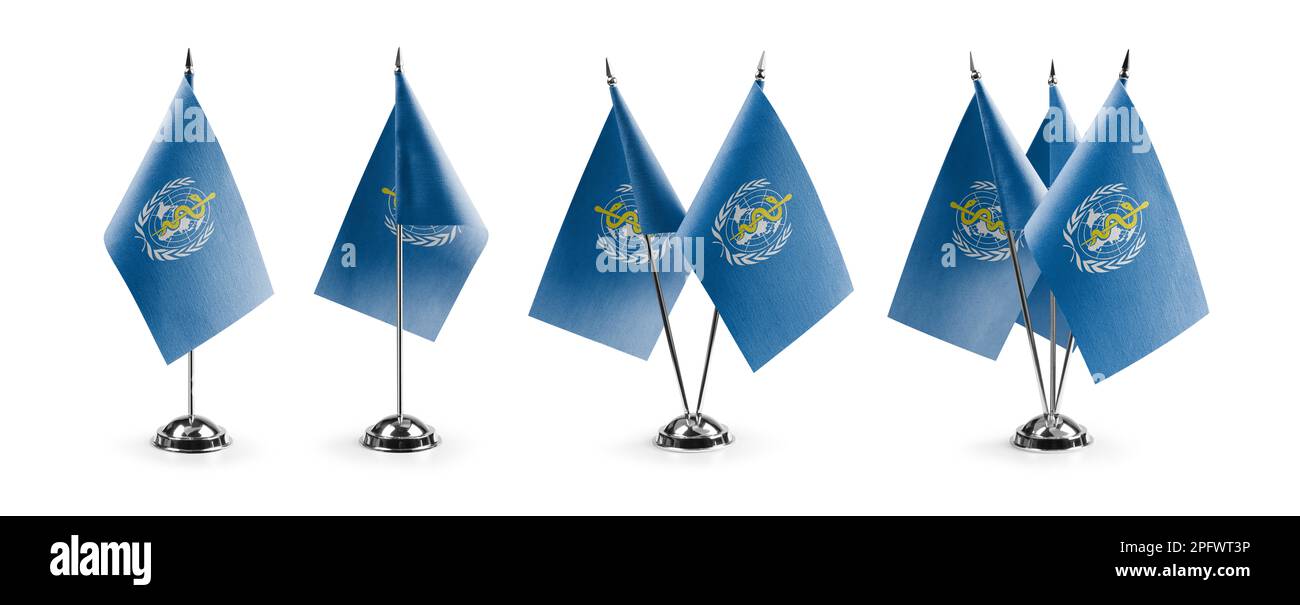 Small national flags of the World Health Organization WHO on a white ...