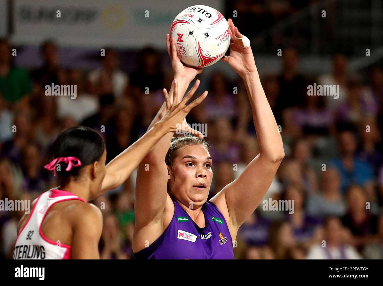 Donnell Wallam of the Firebirds in action during the Super Netball ...