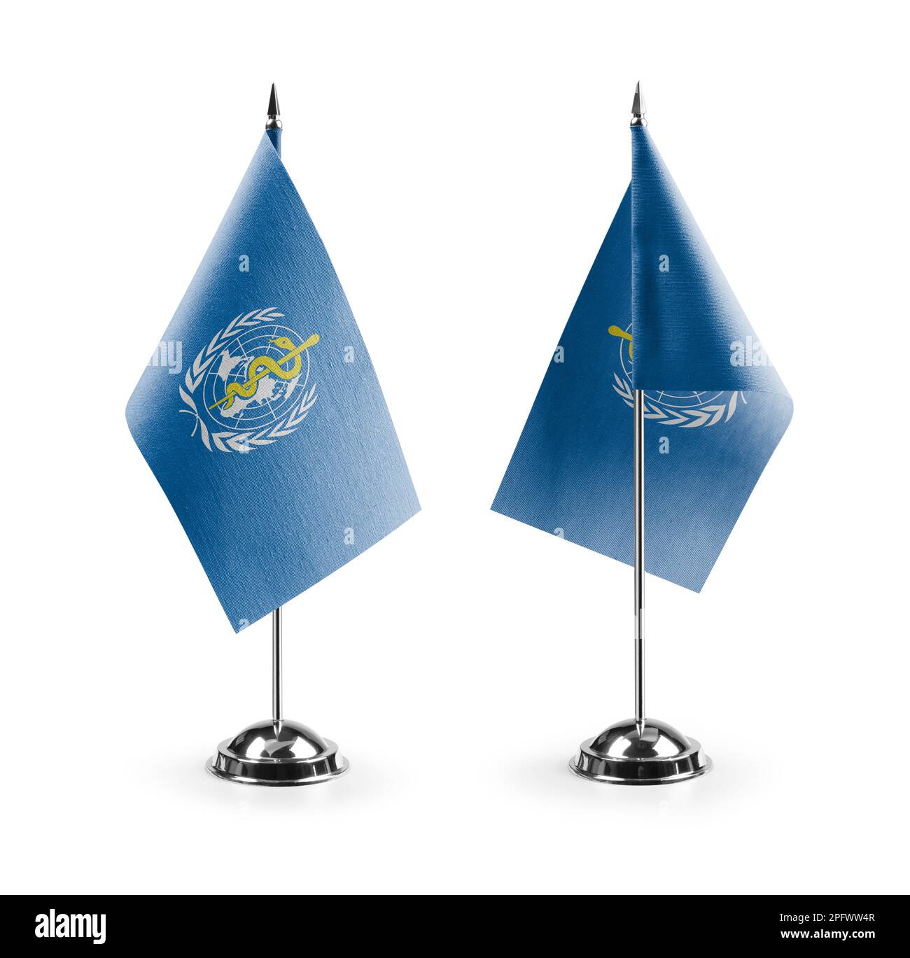 Small national flags of the World Health Organization WHO on a white ...