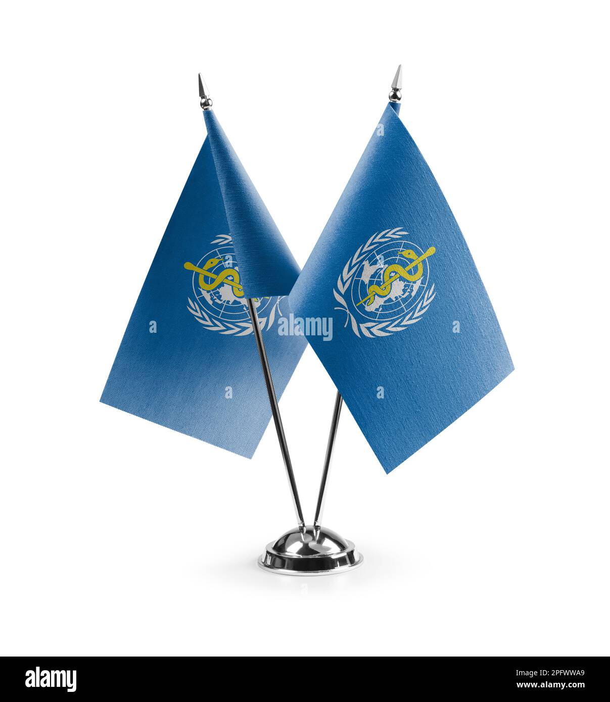 Small national flags of the World Health Organization WHO on a white ...