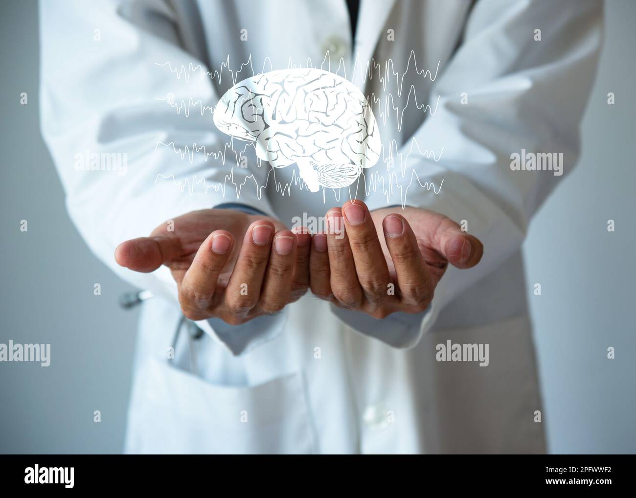 Doctor holding a brain model in his hands. Brain and brain waves ...