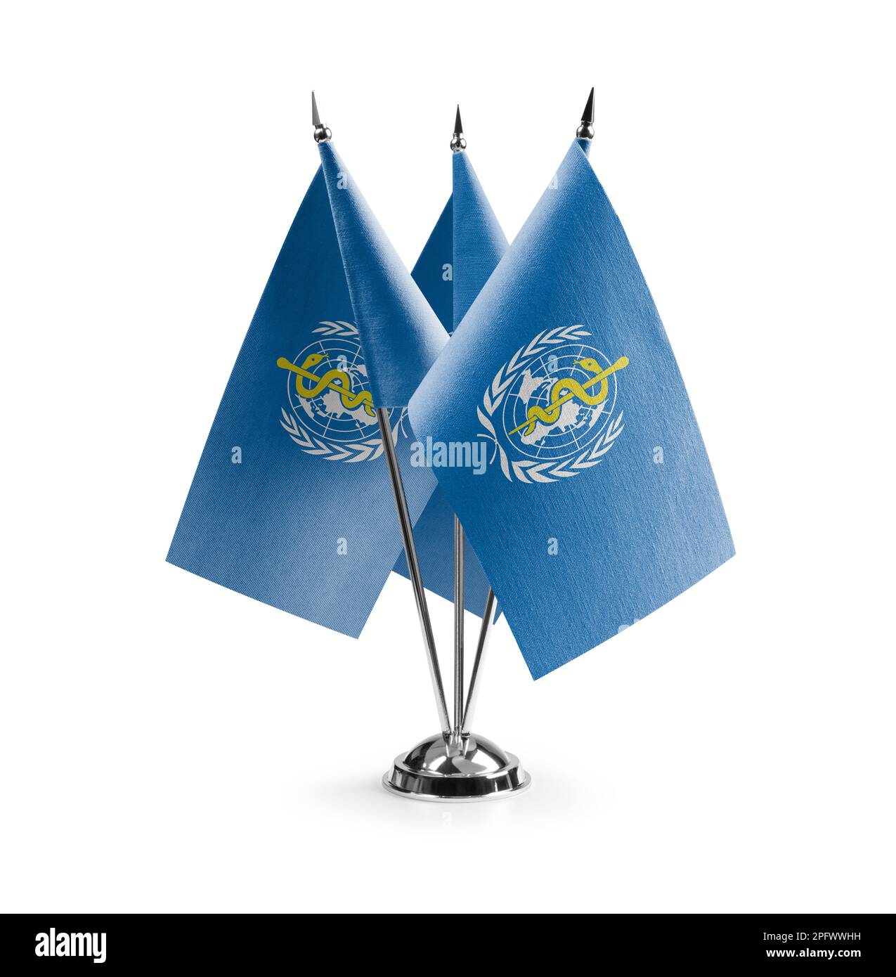 Small national flags of the World Health Organization WHO on a white ...